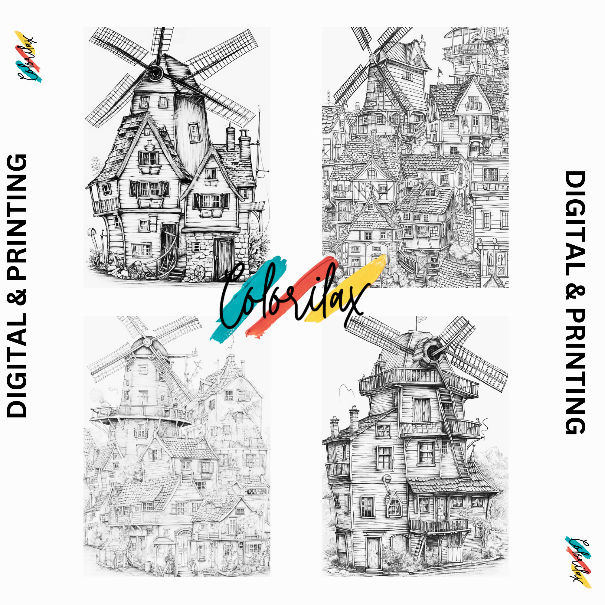 49 Old Town Doodle Windmill Houses Coloring Book for Adults and ...
