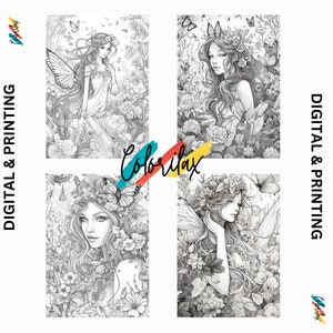 101 Dreamy Fairy Girls Coloring Book for Adults and Children. Grayscale ...