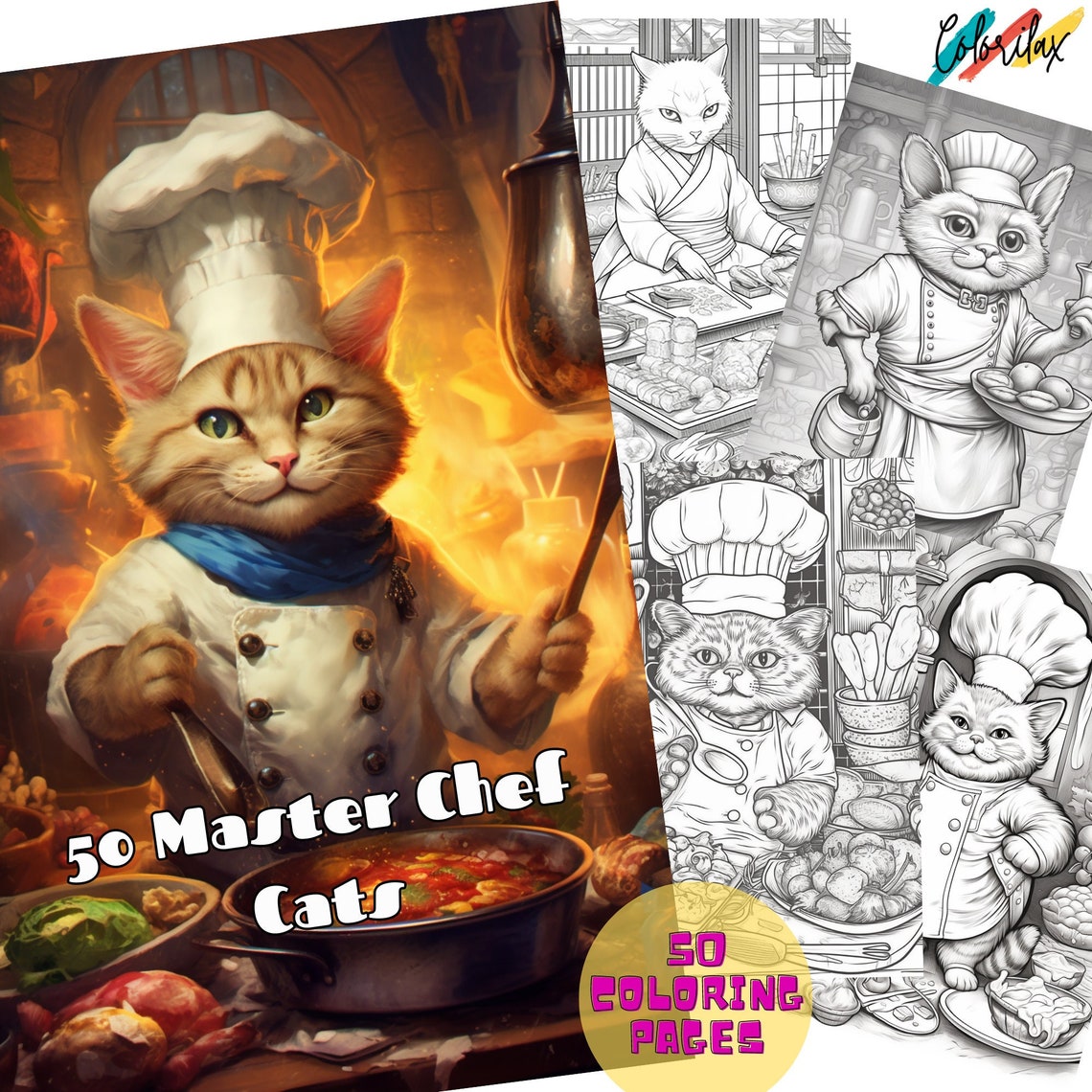 50 Master Chef Cats Coloring Pages, Adults & Childs Coloring Book ...