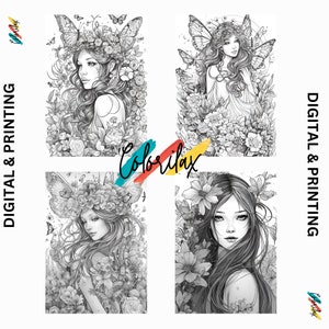 101 Dreamy Fairy Girls Coloring Book for Adults and Children. Grayscale ...