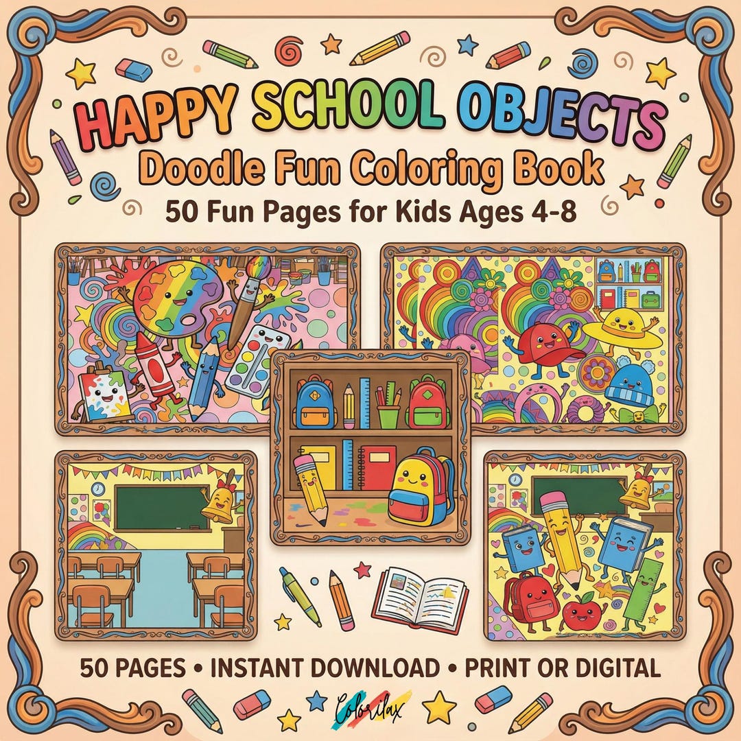 50 Happy School Objects Coloring Pages Kids Coloring Book Printable ...