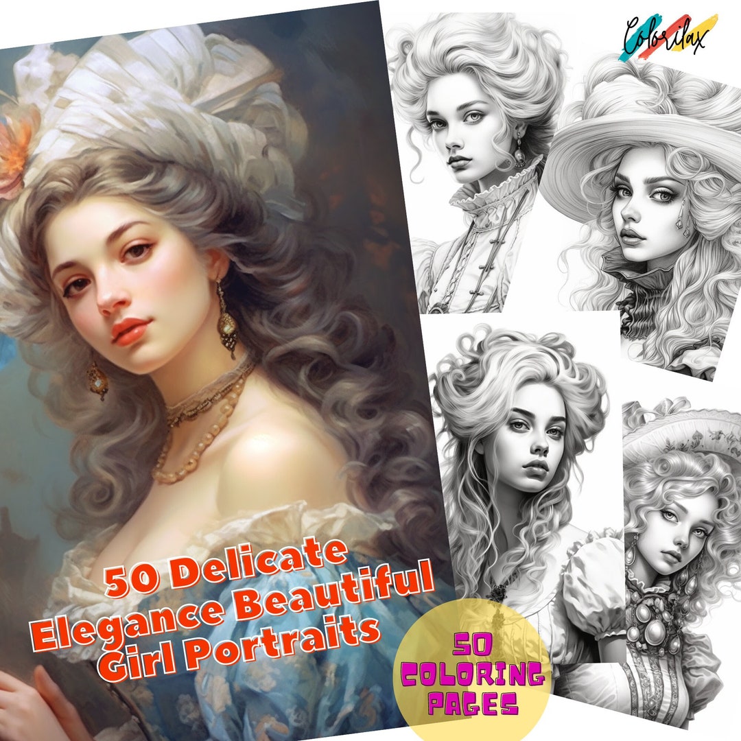 50 Delicate Elegance Girl | Coloring Book | Printable Adult | Kid ...