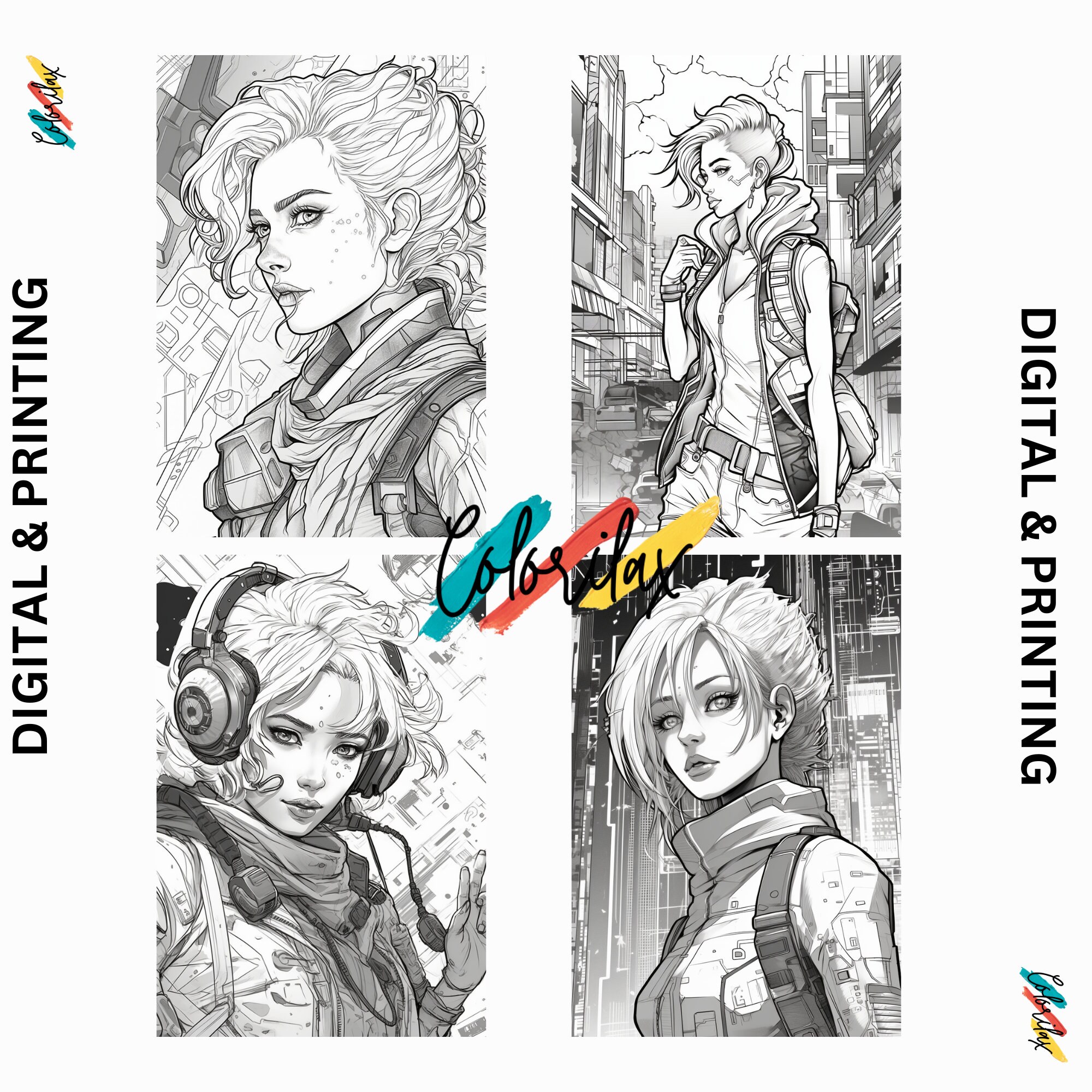 50 Cyberpunk Girls Coloring Book for Adults and Children. Grayscale ...