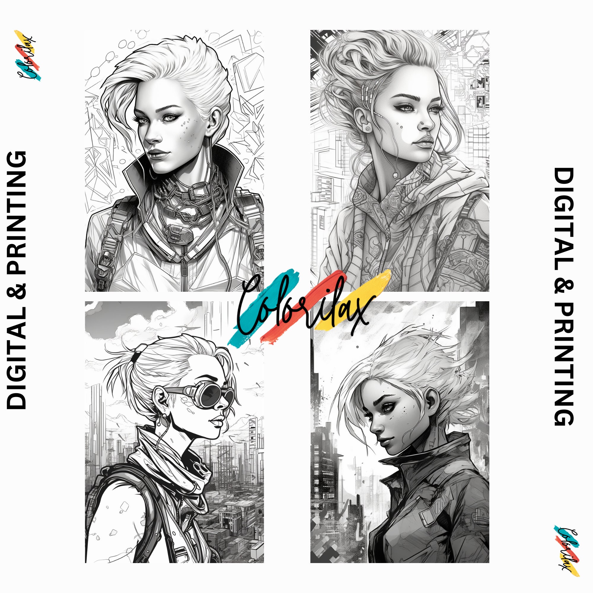50 Cyberpunk Girls Coloring Book for Adults and Children. Grayscale ...