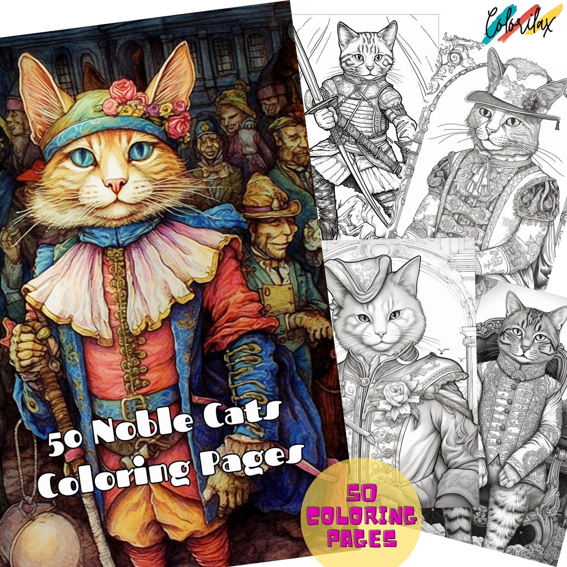 50 Noble Cats Coloring Pages, Adults & Childs Coloring Book - Instant ...