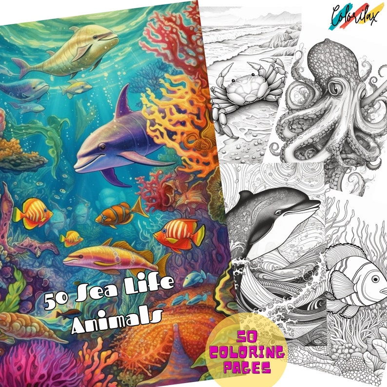 50 Sea Life Coloring Book, Adults Instant Download -grayscale Coloring ...