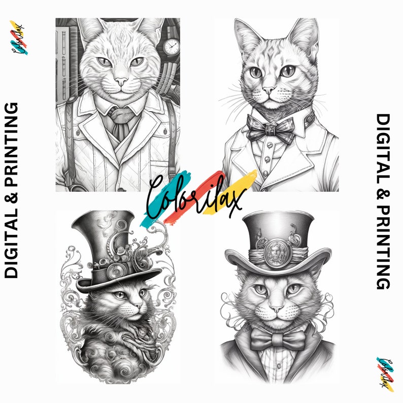 50 Cats Anthropomorphic Art Coloring Pages for Adults, Printable ...