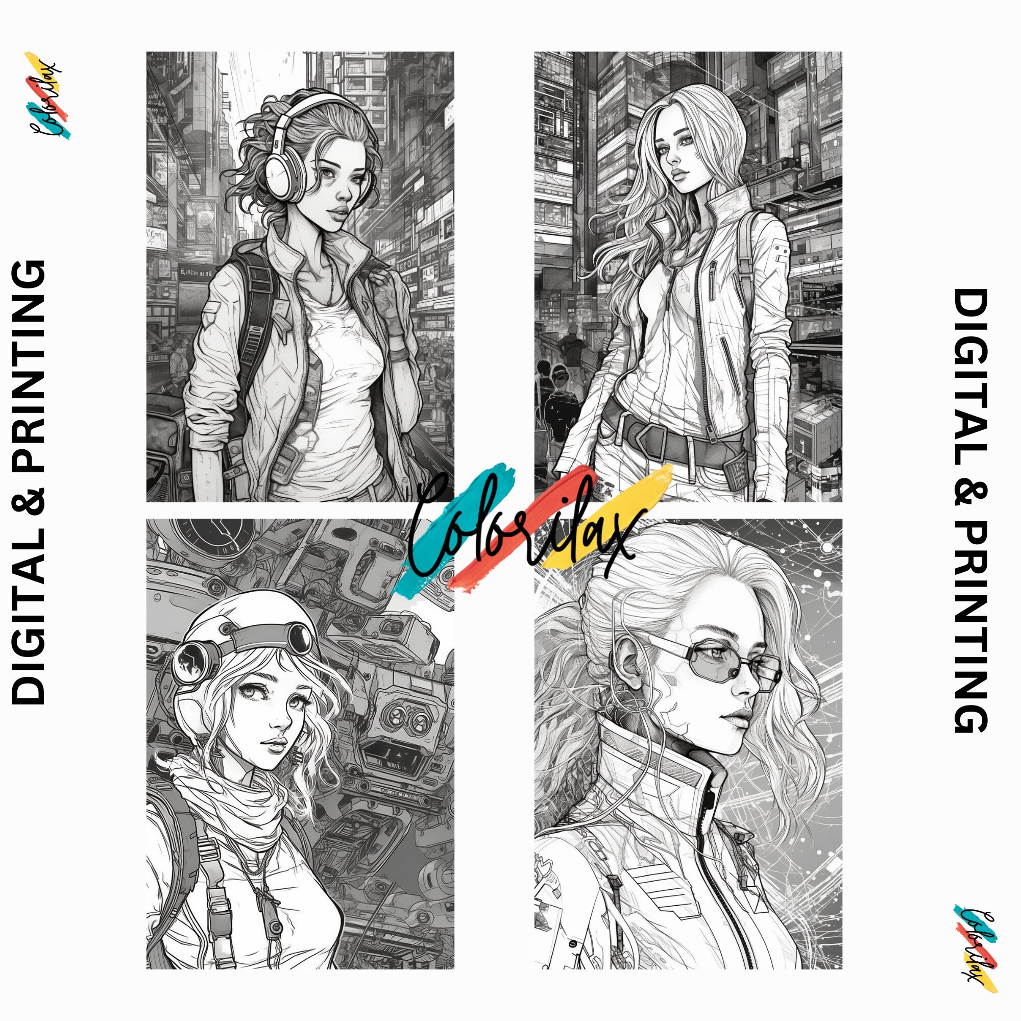 50 Cyberpunk Girls Coloring Book for Adults and Children. Grayscale ...