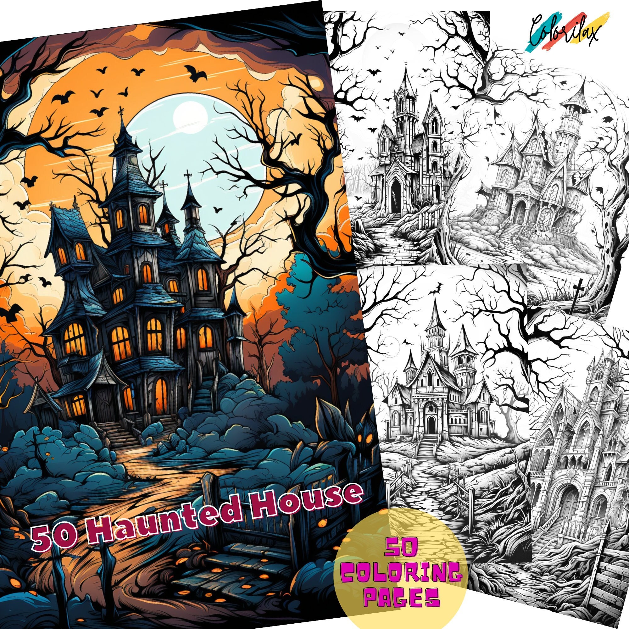 50 Halloween Haunted House, Halloween Coloring Book for Adults and ...