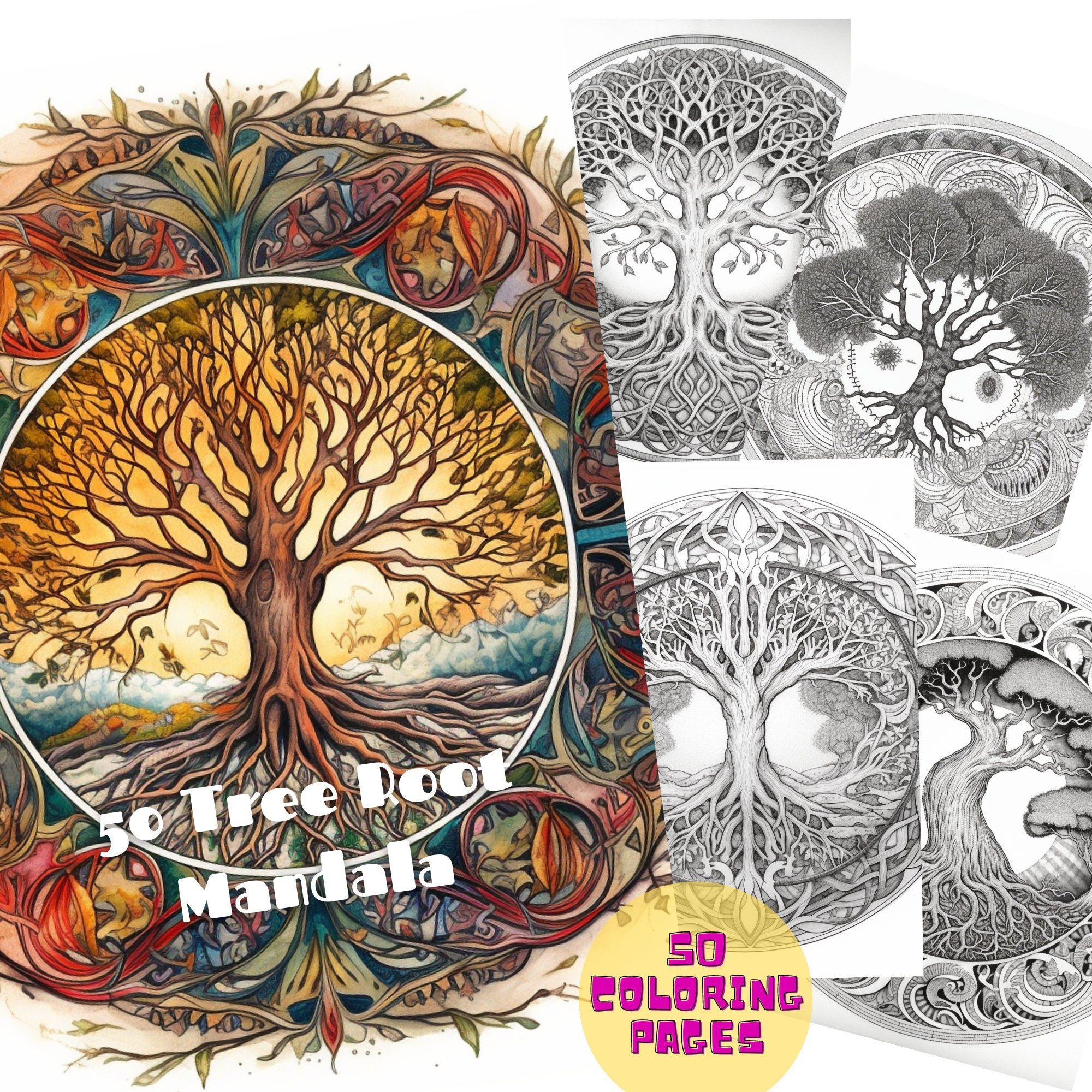 50 Tree Root Mandala Coloring Book | Coloring Sheets | Mandala Coloring ...