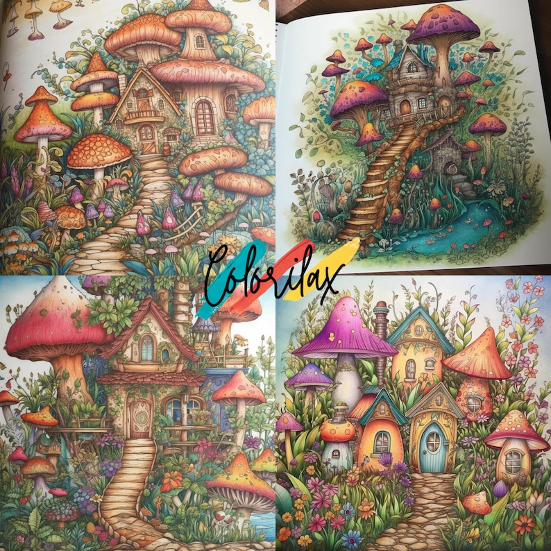 49 Blooming Fairy Homes, Mushroom Houses Coloring Book for Adults and ...