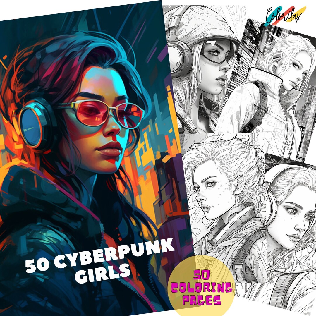50 Cyberpunk Girls Coloring Book for Adults and Children. Grayscale ...