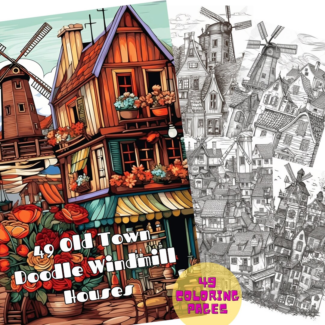 49 Old Town Doodle Windmill Houses Coloring Book for Adults and ...