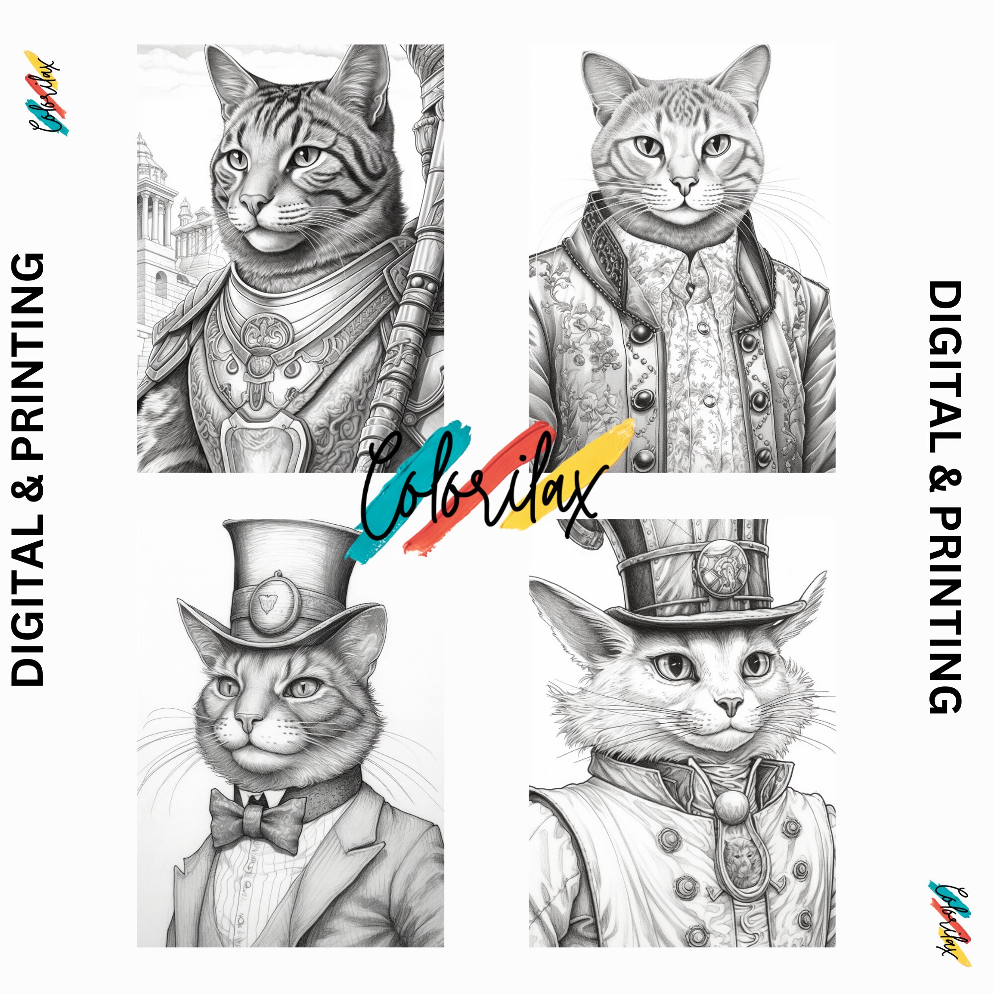 50 Cats Anthropomorphic Art Coloring Pages for Adults, Printable ...