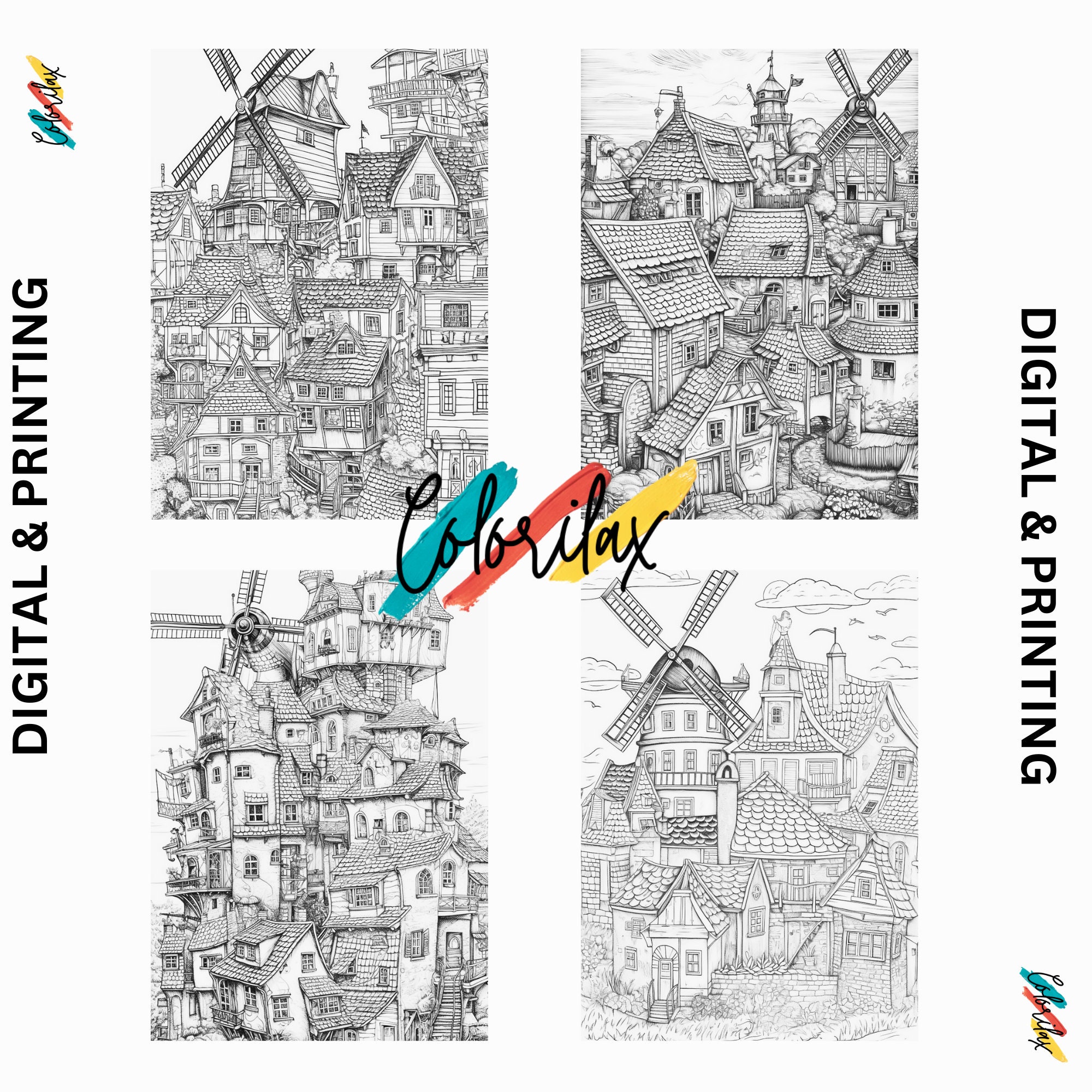 49 Old Town Doodle Windmill Houses Coloring Book for Adults and ...