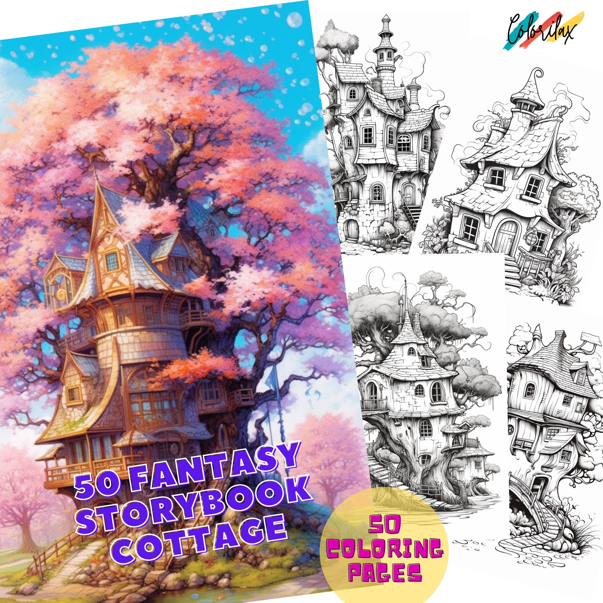 50 Fantasy Storybook Cottage Coloring Book for Adults and Children ...