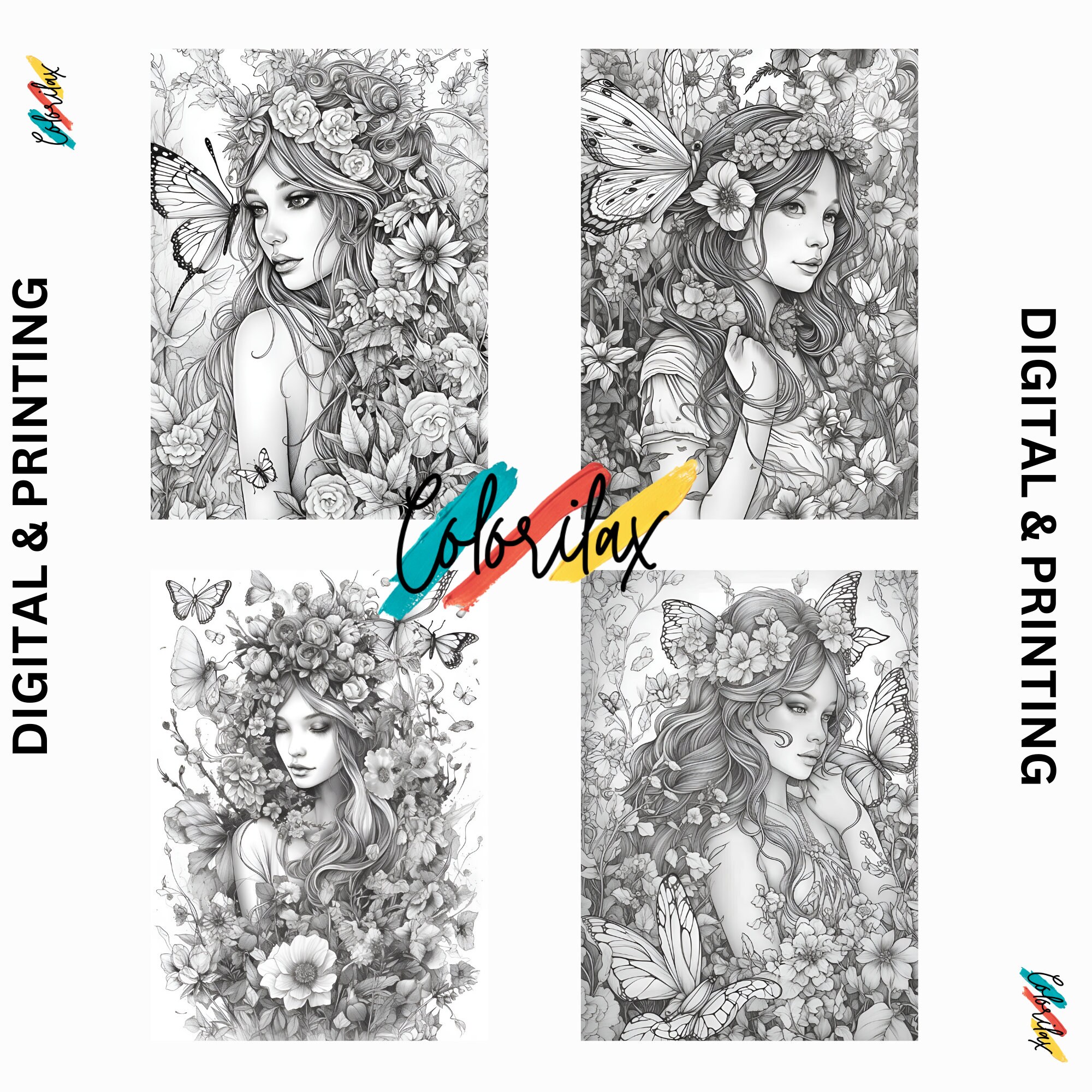 101 Dreamy Fairy Girls Coloring Book for Adults and Children. Grayscale ...