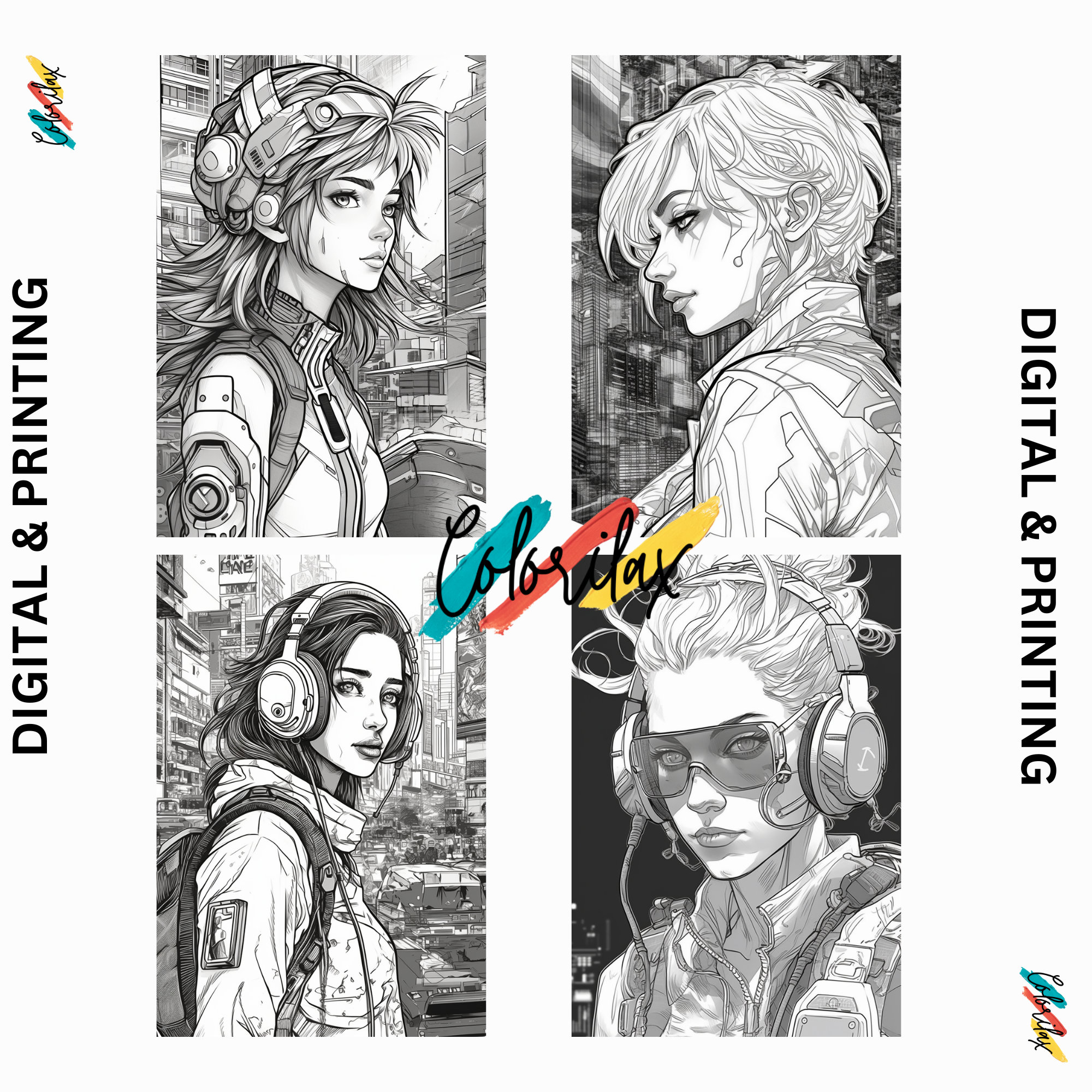50 Cyberpunk Girls Coloring Book for Adults and Children. Grayscale ...
