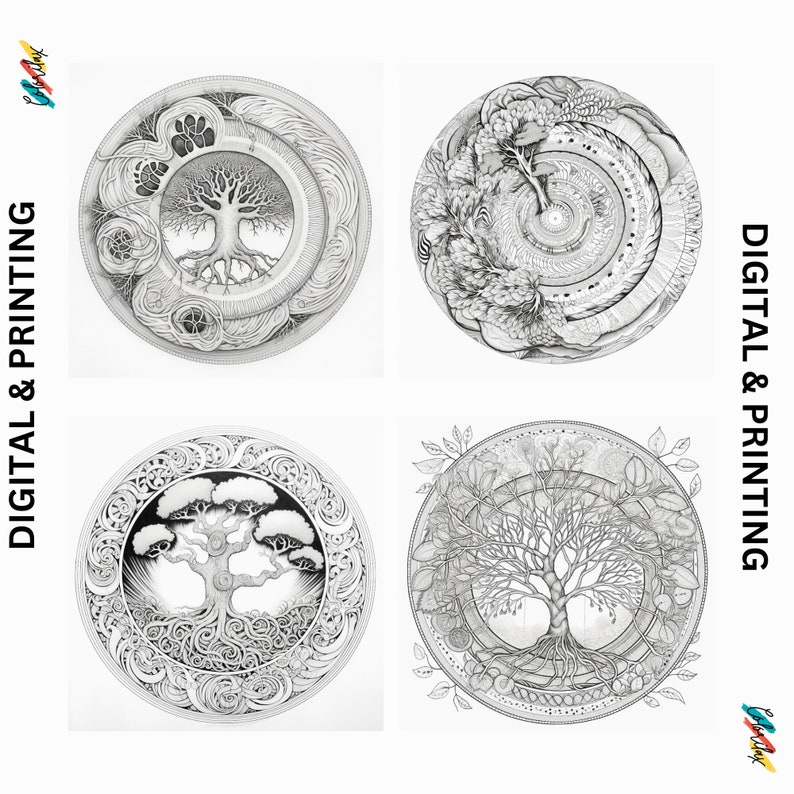 50 Tree Root Mandala Coloring Book | Coloring Sheets | Mandala Coloring ...