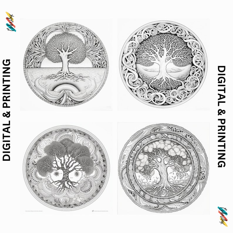 50 Tree Root Mandala Coloring Book | Coloring Sheets | Mandala Coloring ...