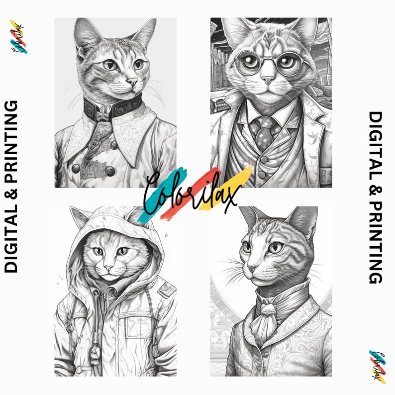 50 Cats Anthropomorphic Art Coloring Pages for Adults, Printable ...