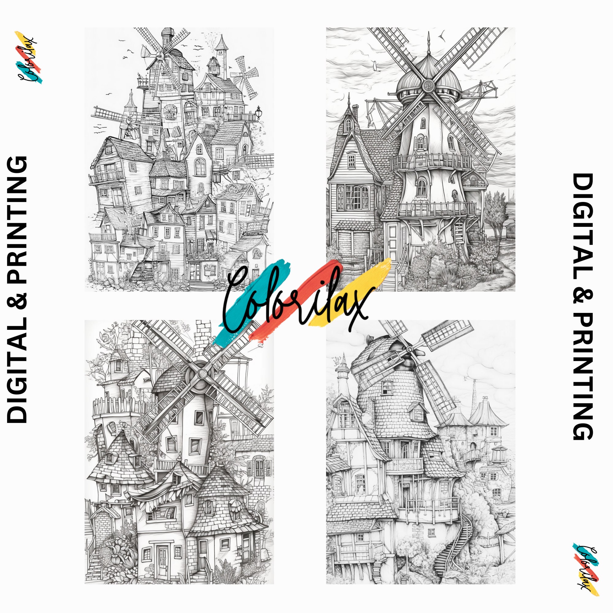 49 Old Town Doodle Windmill Houses Coloring Book for Adults and ...