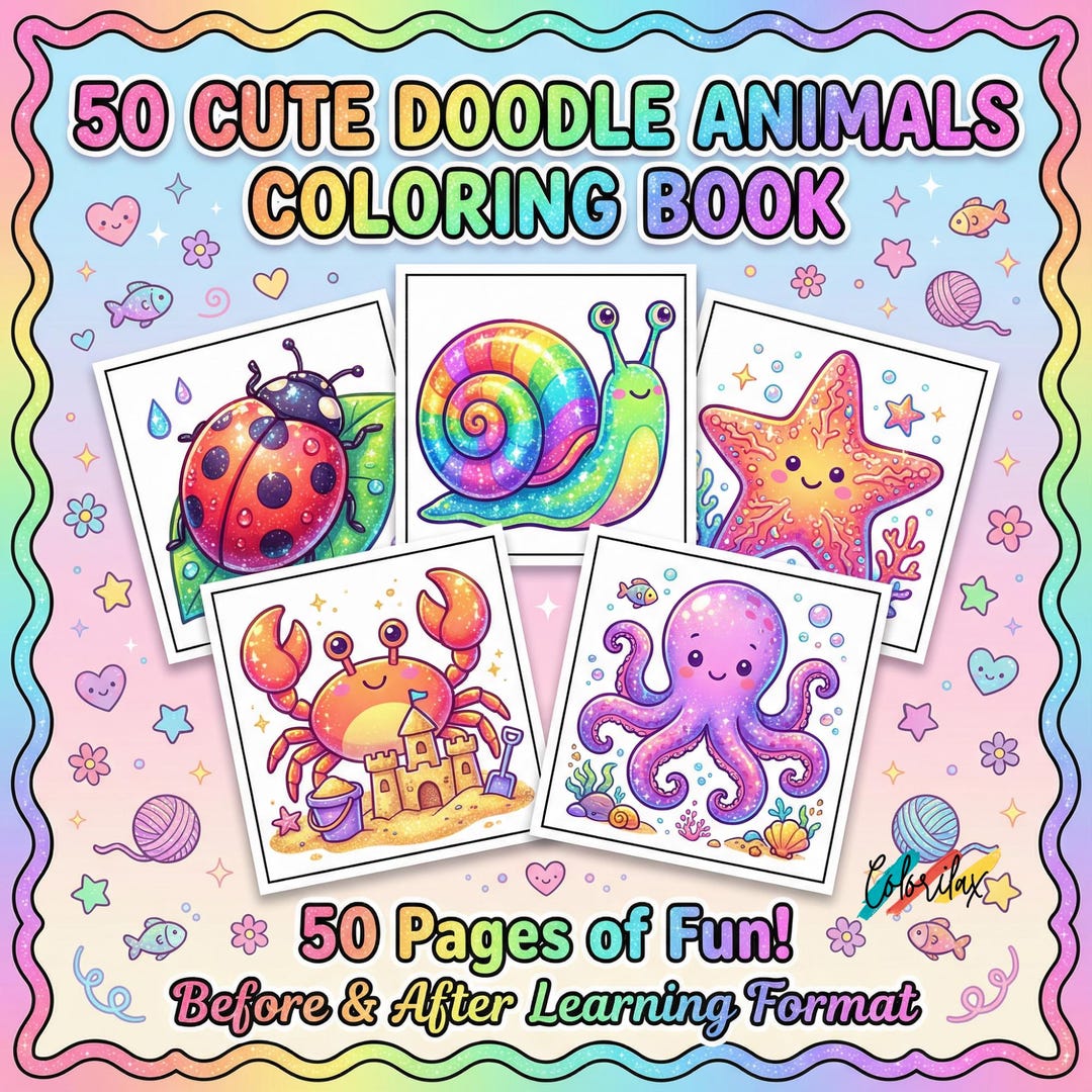 50 Cute Doodle Animals Coloring Pages Kids Learn to Color Book ...