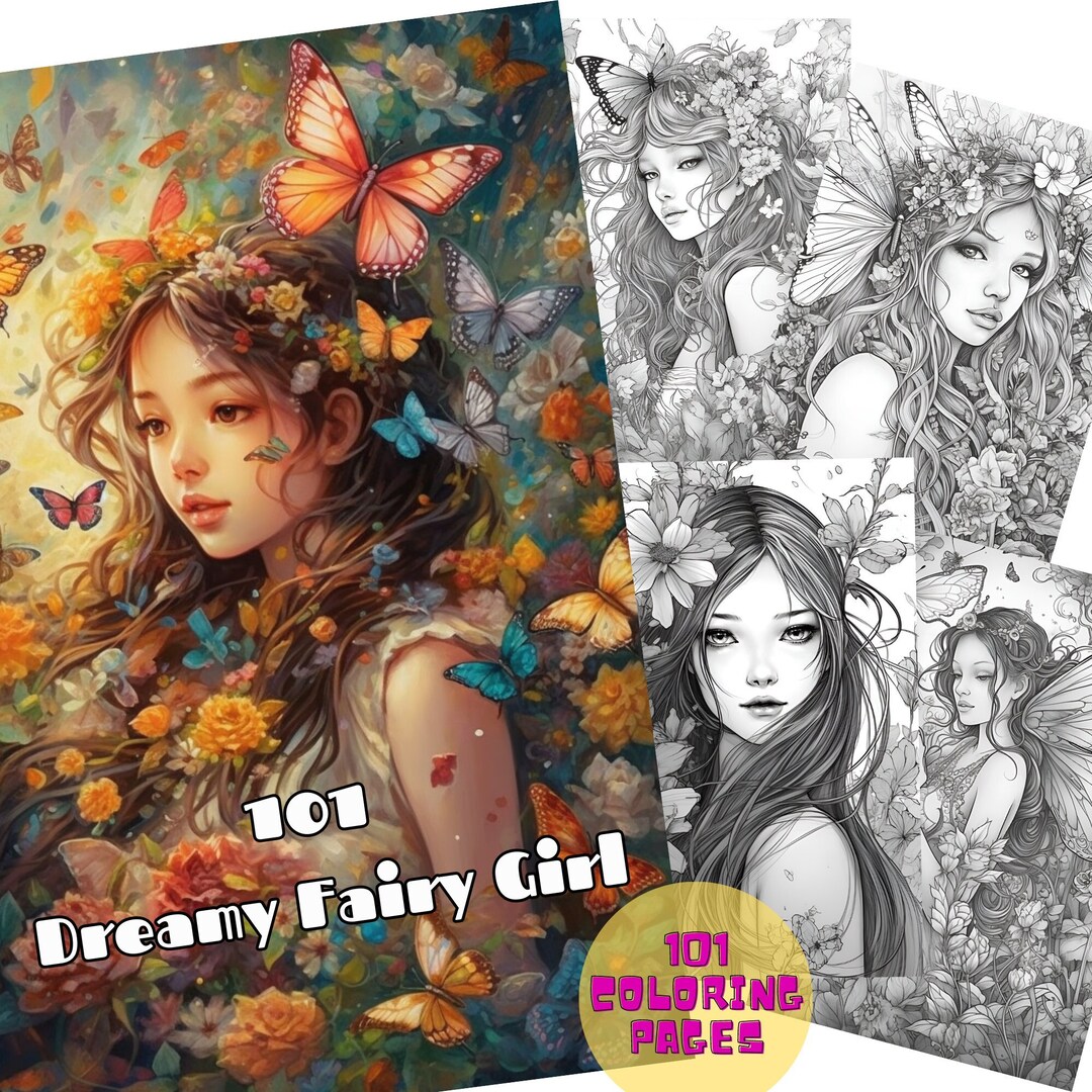 101 Dreamy Fairy Girls Coloring Book for Adults and Children. Grayscale ...