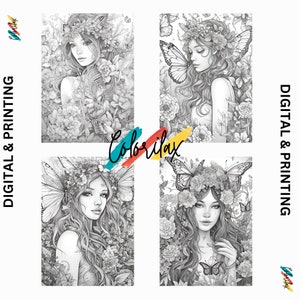 101 Dreamy Fairy Girls Coloring Book for Adults and Children. Grayscale ...