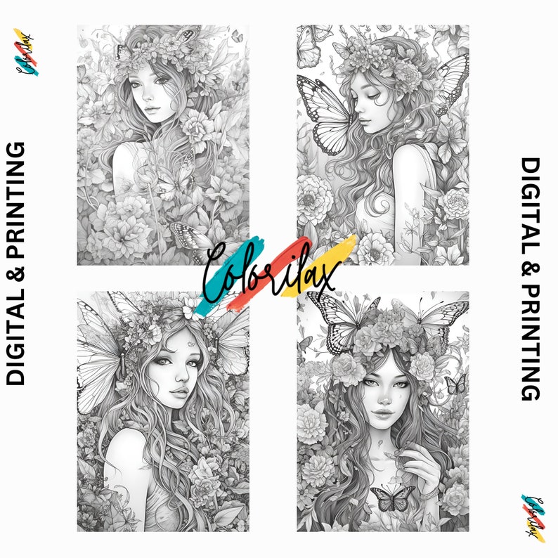 101 Dreamy Fairy Girls Coloring Book for Adults and Children. Grayscale ...