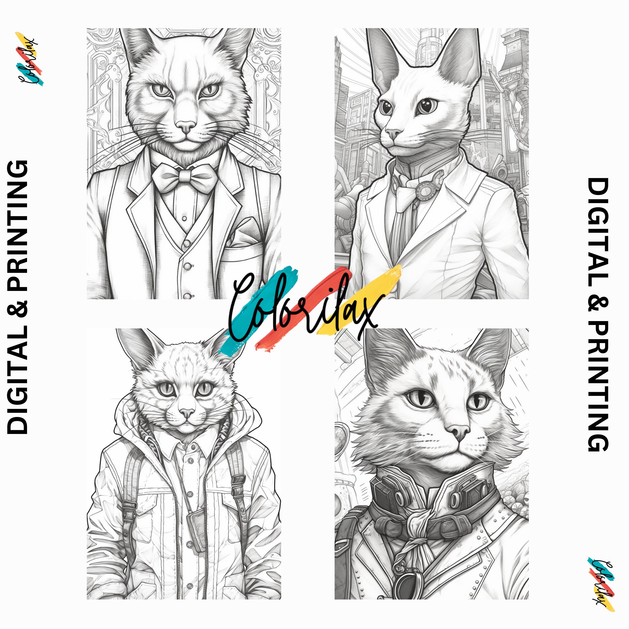 50 Cats Anthropomorphic Art Coloring Pages for Adults, Printable ...