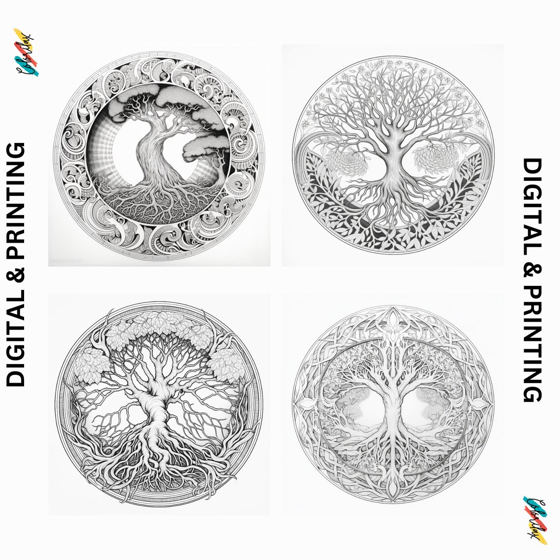 50 Tree Root Mandala Coloring Book | Coloring Sheets | Mandala Coloring ...