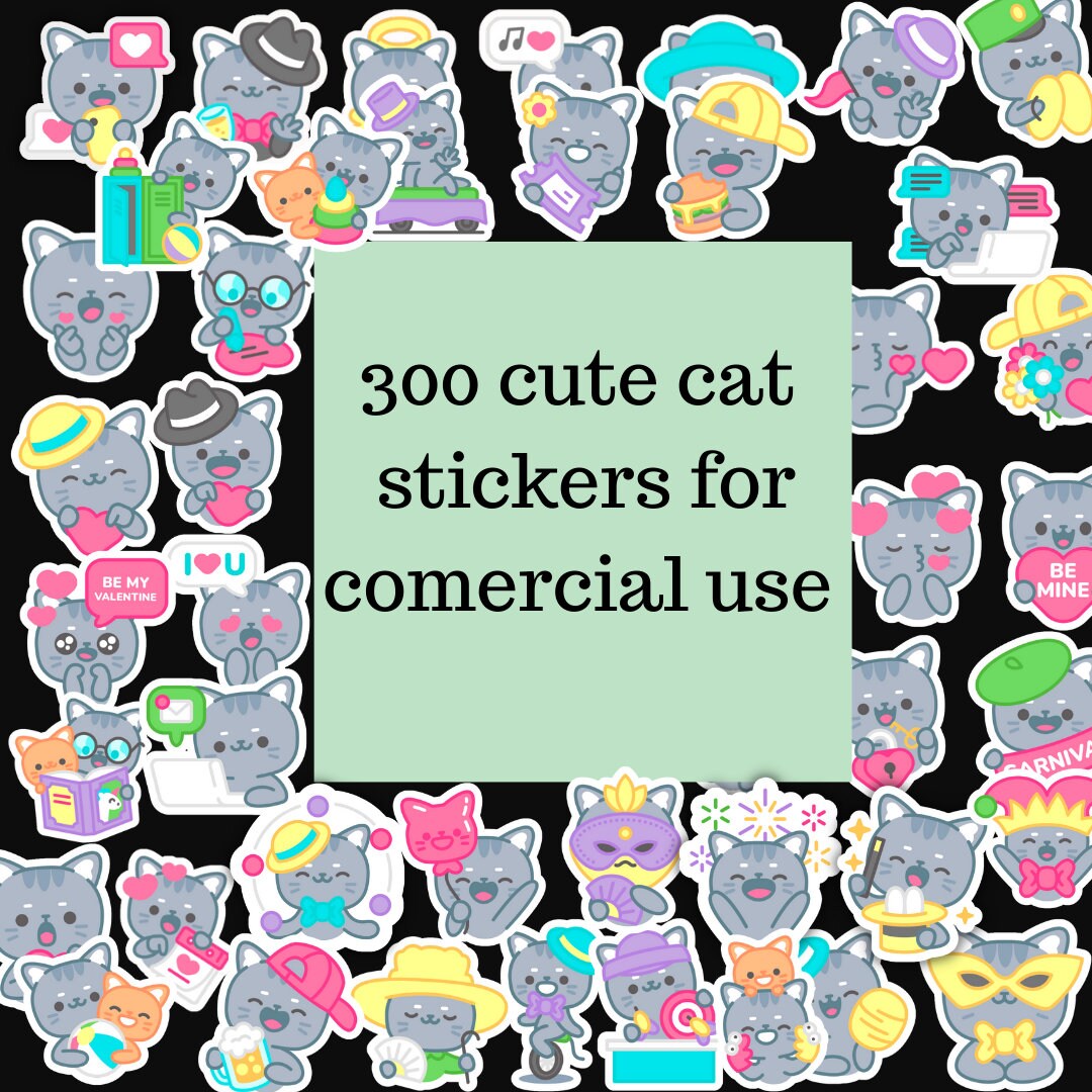 300 Cute Cat Clipart Digital Stickers Png Bundle, Cat Printable ...