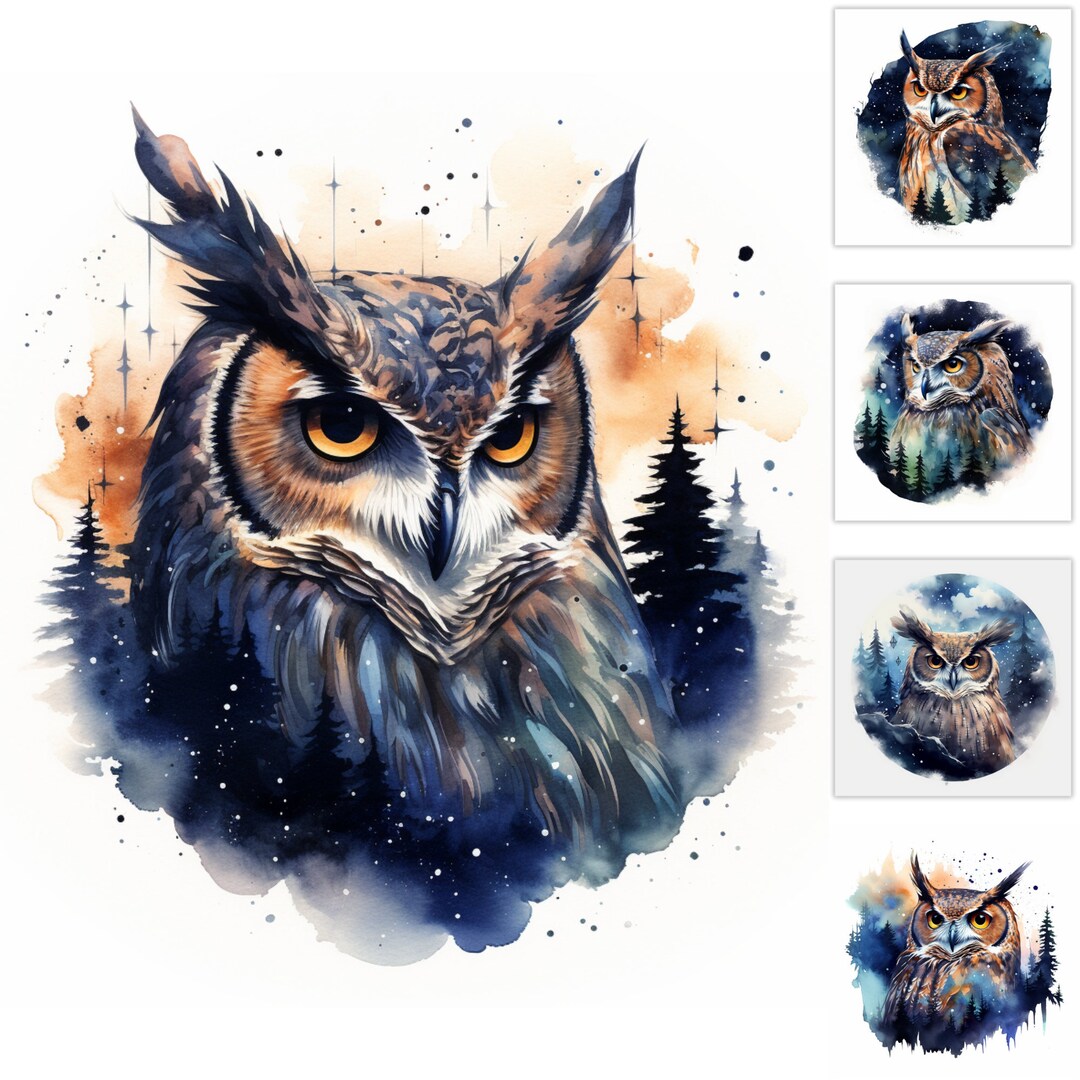 22 Double Exposure Owl Watercolor Clipart, Digital Art Bundle, Junk ...