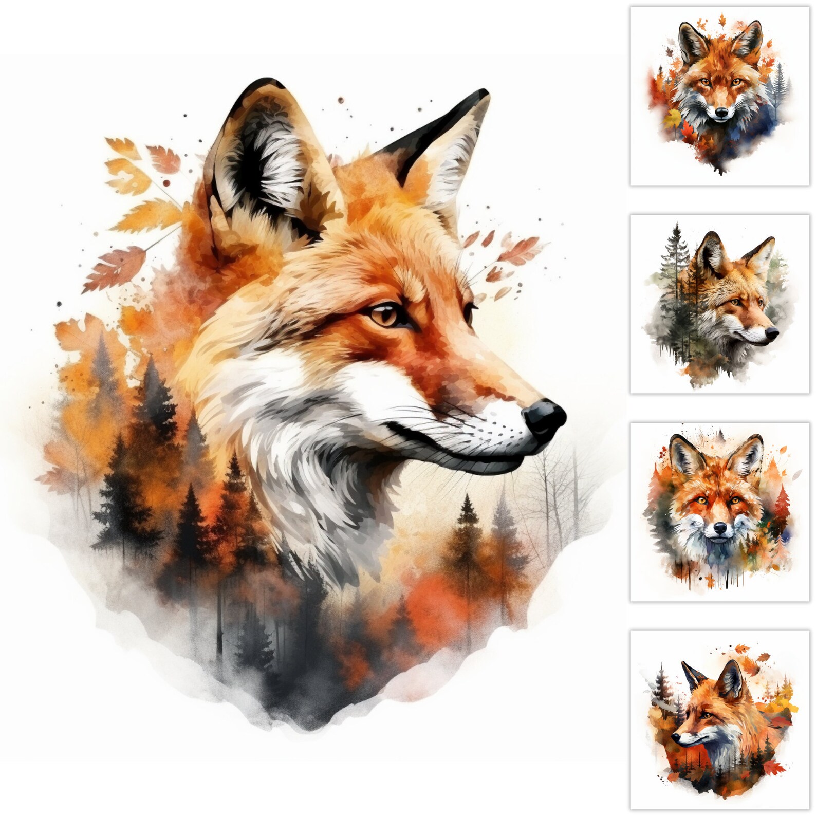 20 Double Exposure Fox Watercolor Clipart, Digital Art Bundle, Junk ...