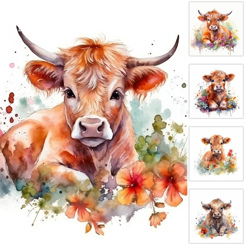 20 Watercolor Floral Highlands Cows PNG Files Cute Highlander - Etsy
