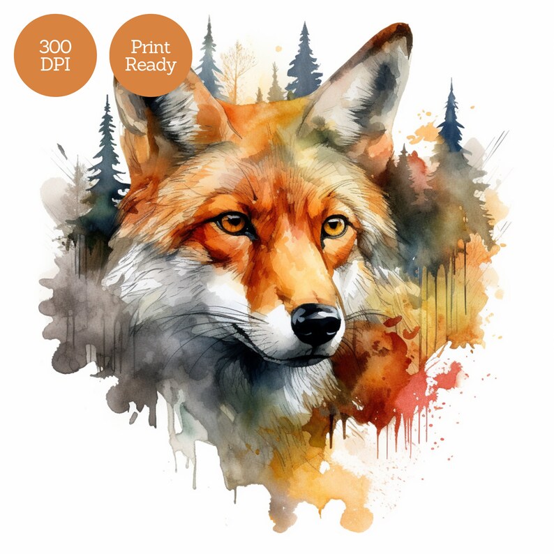 20 Double Exposure Fox Watercolor Clipart, Digital Art Bundle, Junk ...