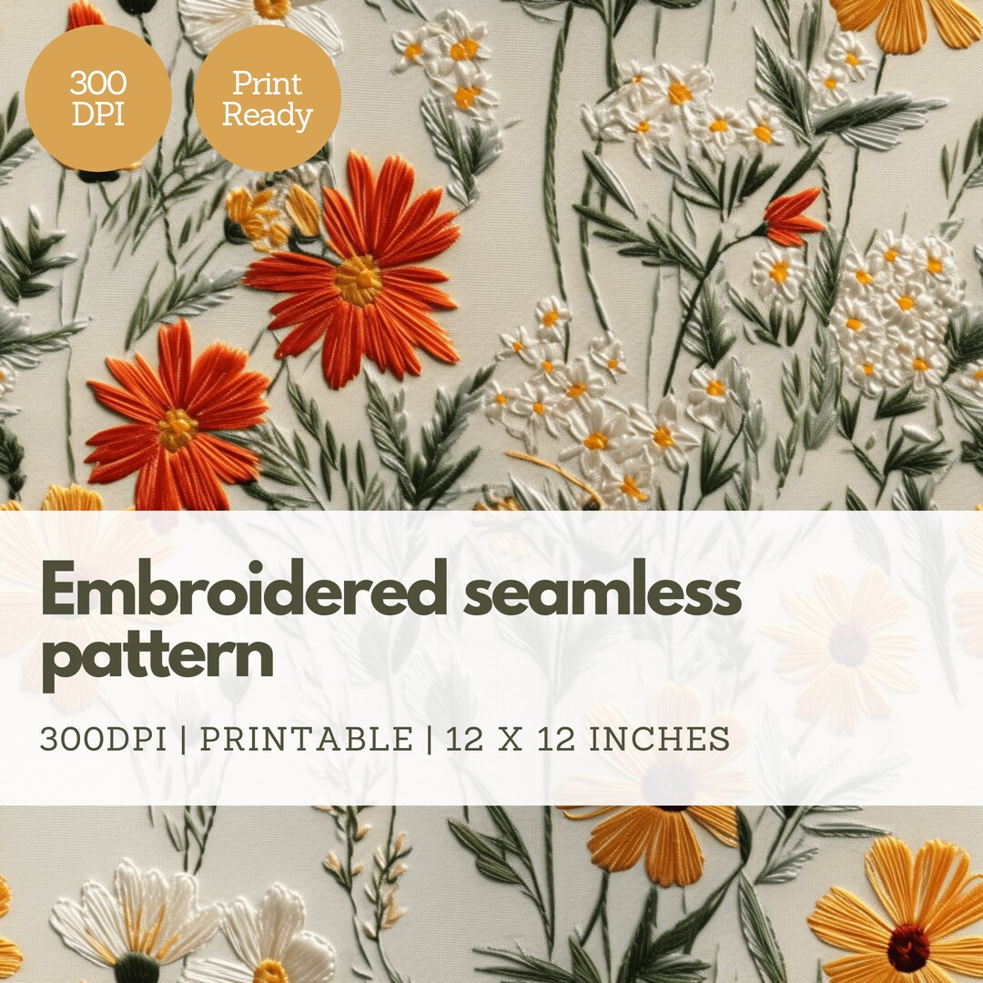 Floral Embroidery Boho Seamless Pattern PNG File, Commercial Use ...
