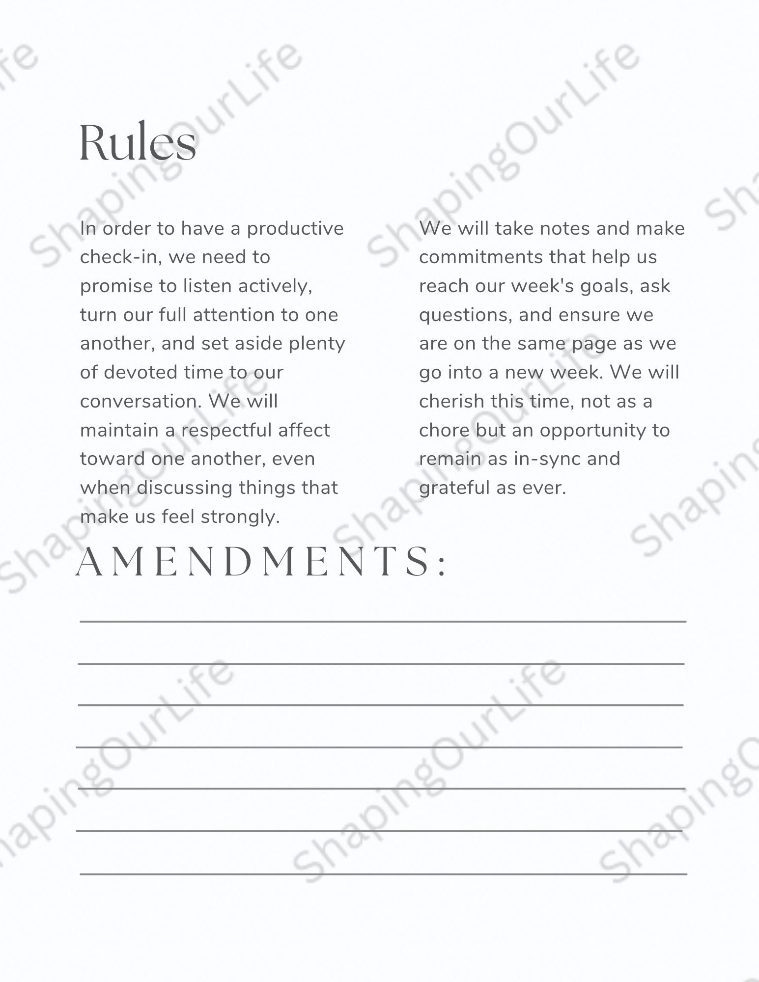 Weekly Check-in - Couple's Meeting Workbook Printable - Etsy