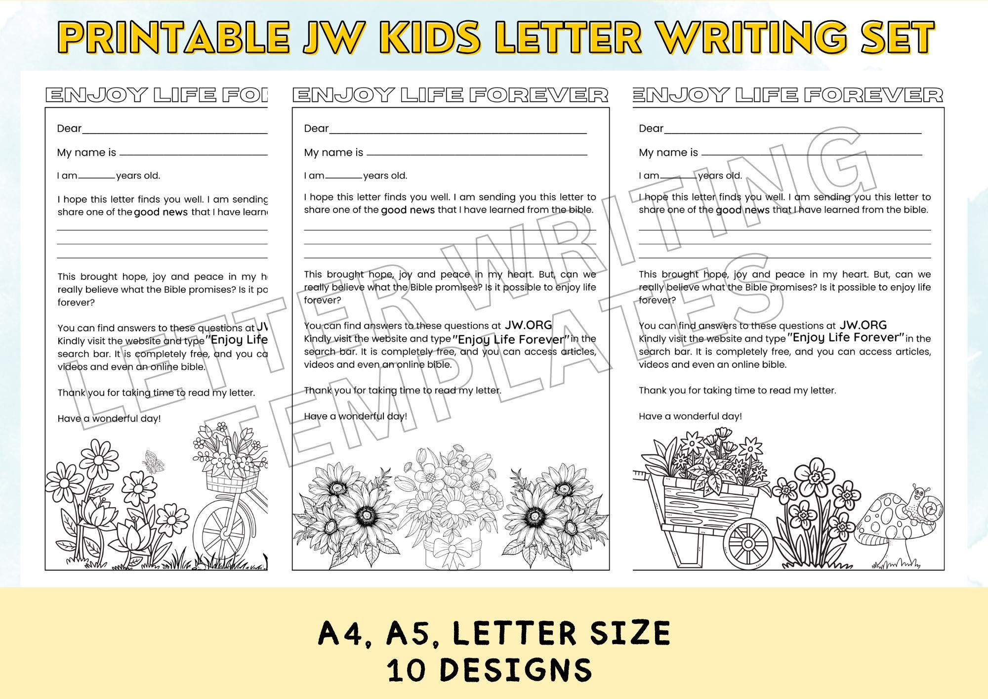 Printable JW Kids Letter Writing-bundle-enjoy Life Forever-10 Designs ...