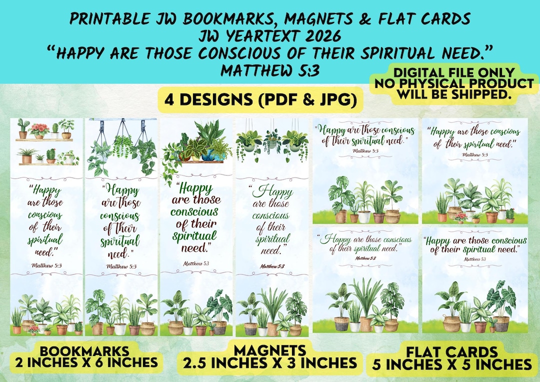 JW Yeartext 2026 Printable Bookmarks, Cards, Magnets: Botanical Design ...