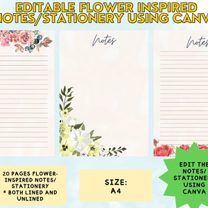 Canva Editable Flower Inspired Notes-stationery With 10 Designs Lined ...