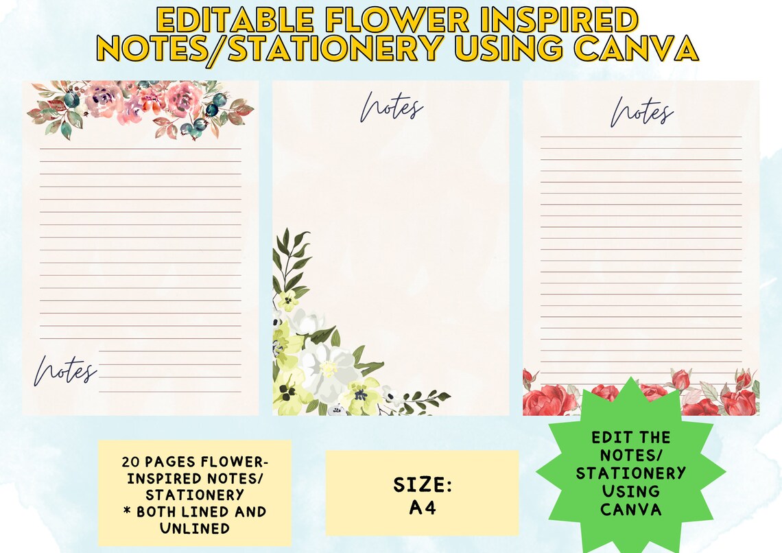 Canva Editable Flower Inspired Notes-stationery With 10 Designs Lined ...