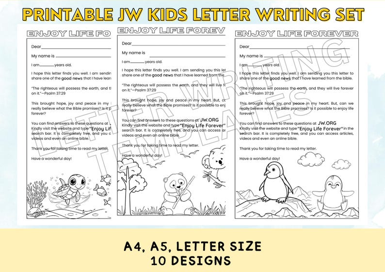 Printable JW Kids Letter Writing Set: 10 Designs (A4, A5, Letter Size ...