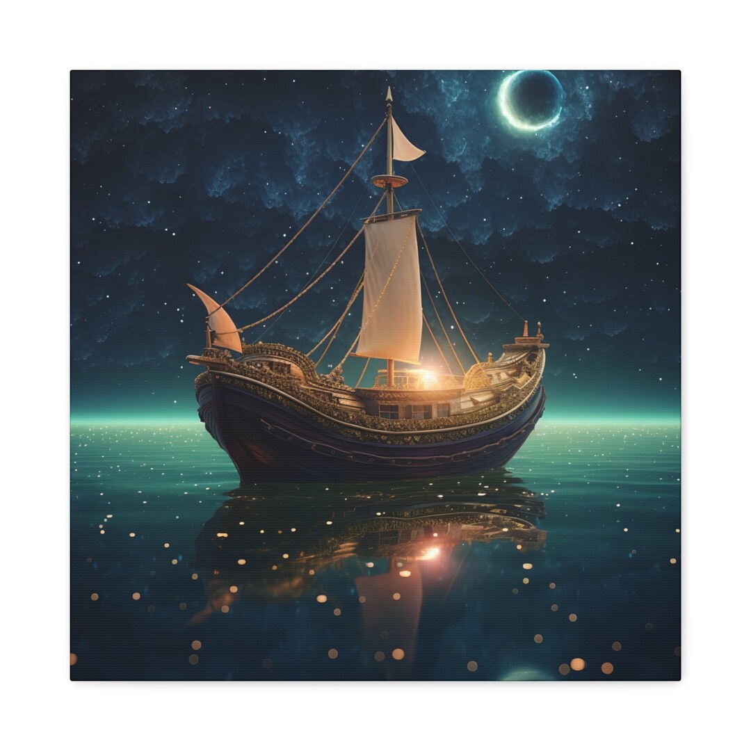Fantasy Boat Canvas, Fantasy Boat in the Sea Decor, Fantasy Night Art ...