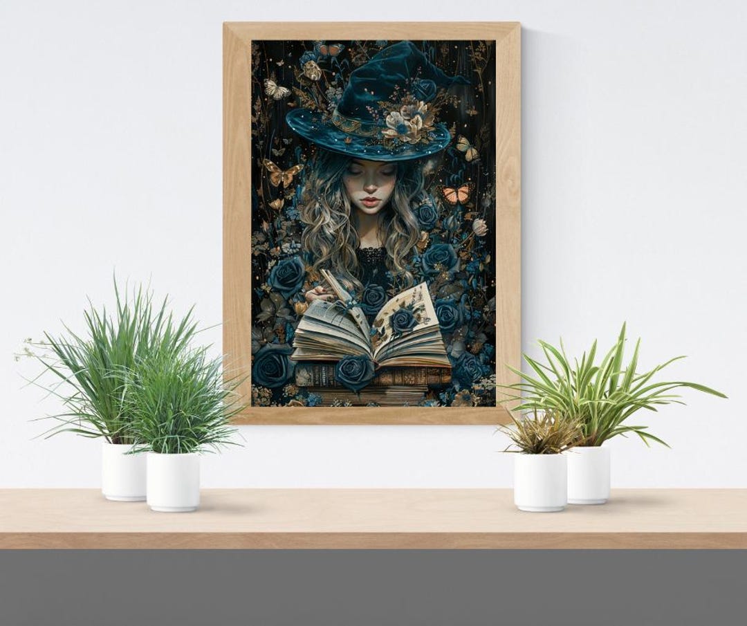 Witch Reading Book Poster: Gothic Floral Halloween Decor, Dark Academia ...
