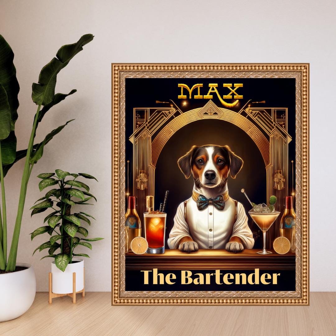 Custom Dog Bartender Art Deco Poster: Personalized Pet Speakeasy Bar ...