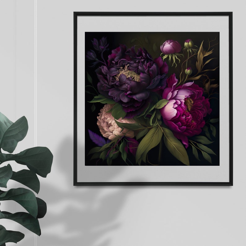 Set Of 4 Peony Dark Botanical Wall Art Moody Floral Print Dark Etsy