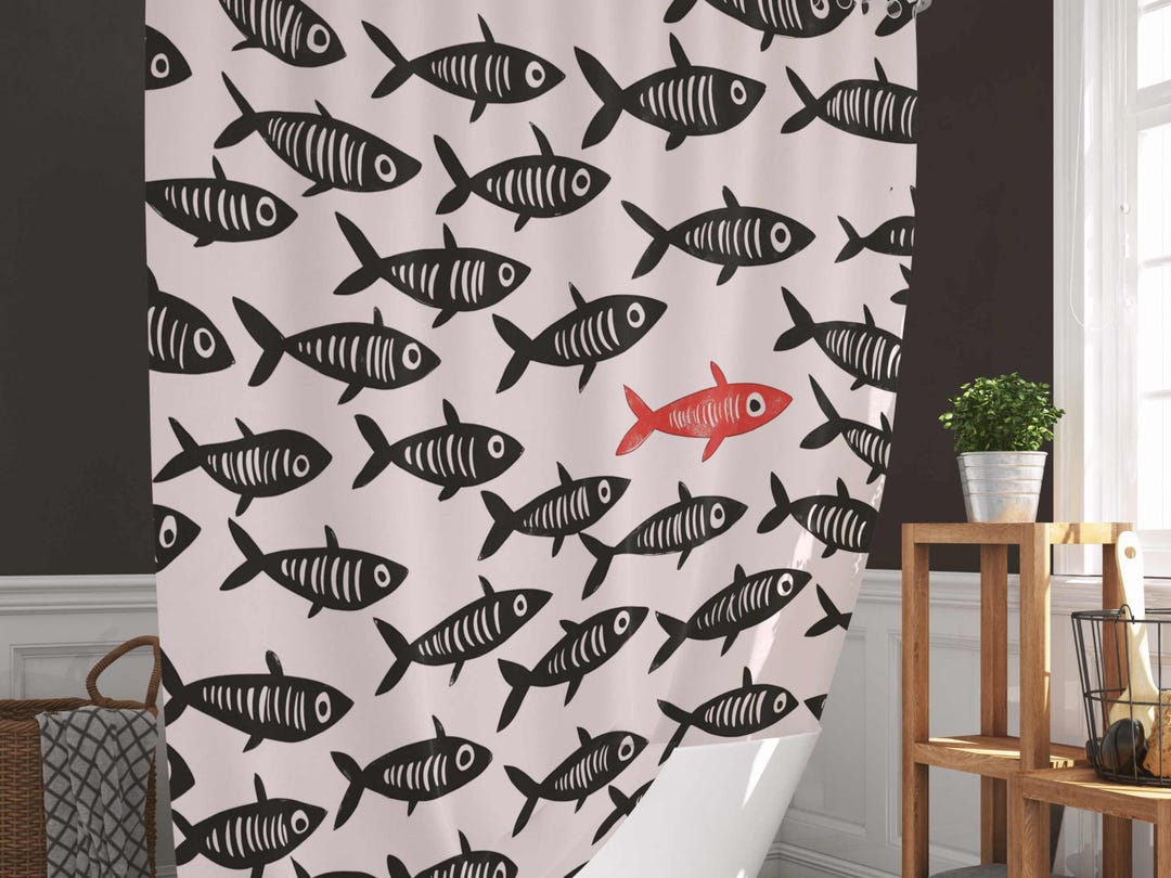 Shower Curtain Fish Black White Bathroom Nautical Decor Modern Coastal ...