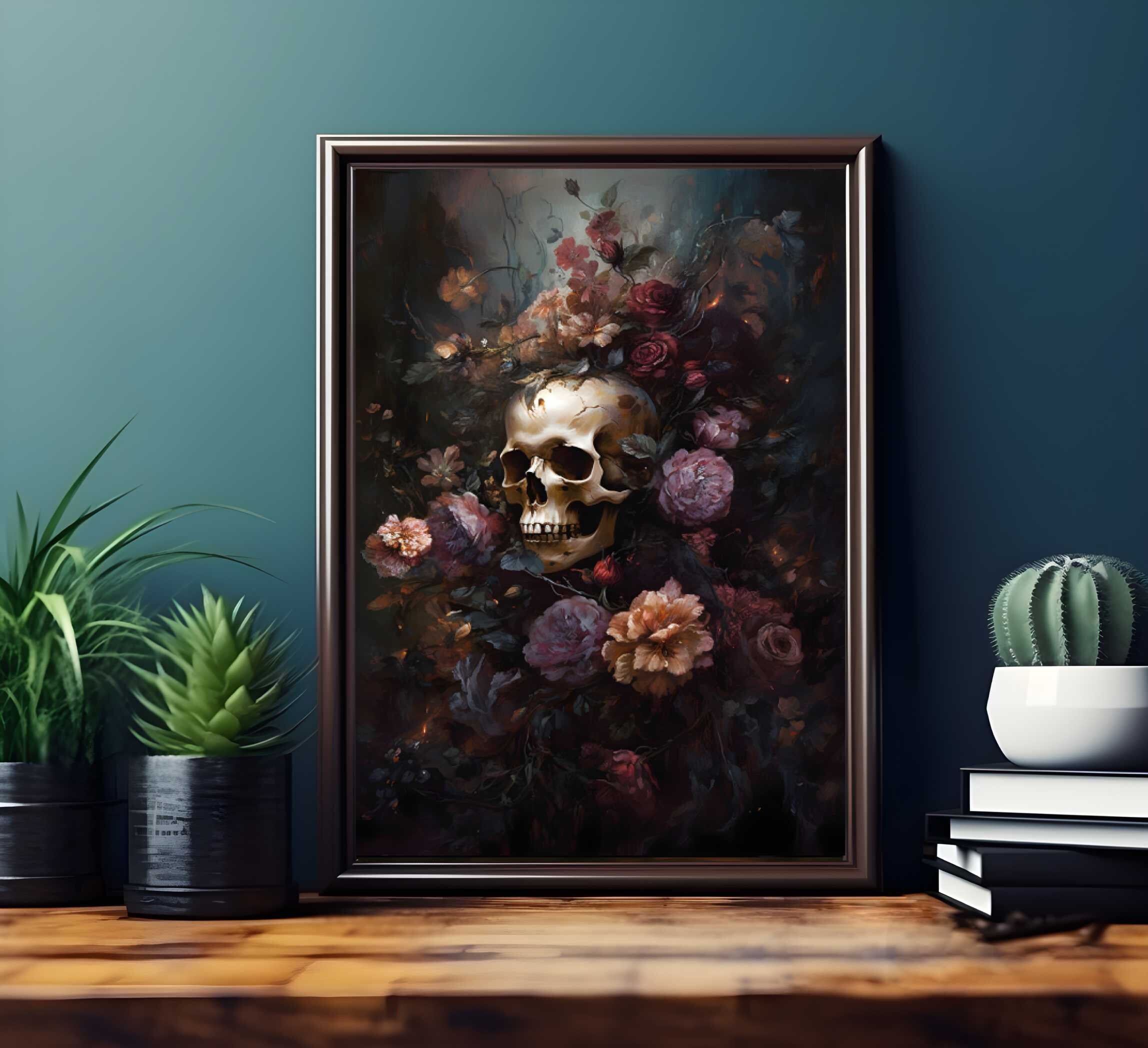 Skull and Flowers Painting Vintage Scull Digital Print Dark Academia ...